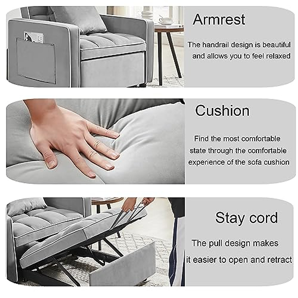 Pull Out Sleeper Futon Single Sofa Chair Bed,3-in-1 Versatile Chaise Lounge Couch with Adjustable Backrest,Lumbar Pillow&Side Pockets,Folding Sofá Recliner for Living Room/Apartment/Compact Space