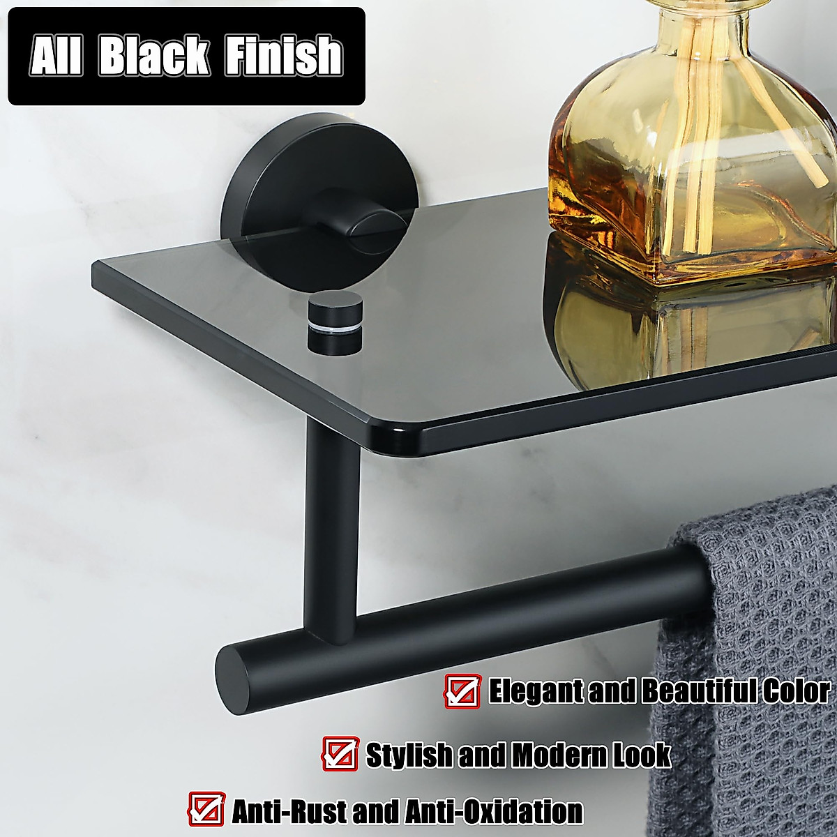 Alise Glass Shelves for Bathroom, 15.7 Inch Floating Glass Shelves for Wall，SUS304 Stainless Steel Floating Shelves for Bathroom, Toilet, Room Decor.Black Finish GDL400BAR-B