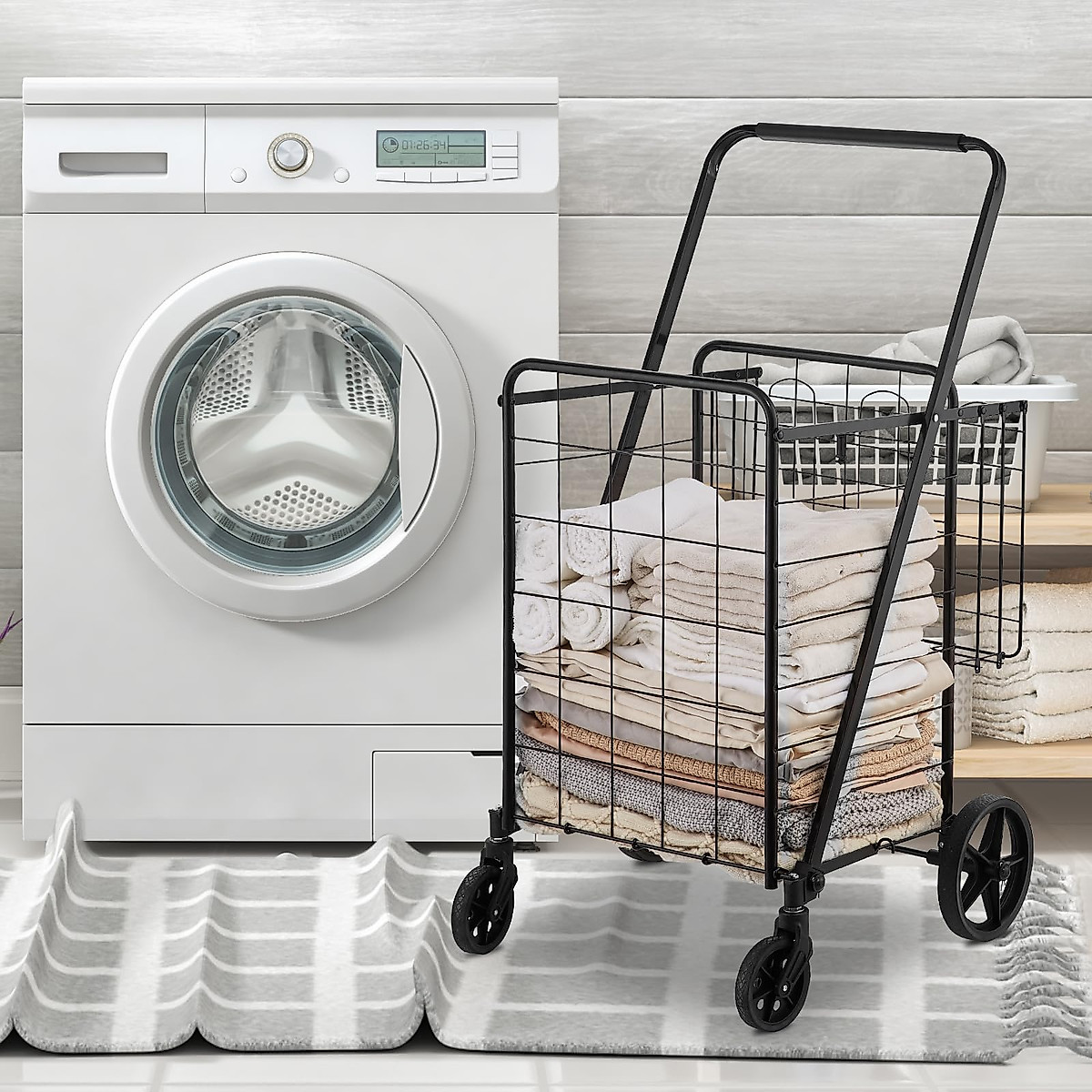 VEVOR Folding Shopping Cart, Jumbo Grocery Cart with Double Baskets, 360° Swivel Wheels, Heavy Duty Utility Cart, 110 LBS Large Capacity Utility Cart for Laundry, Shopping, Grocery, Luggage, Black