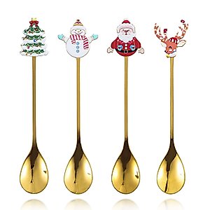 Acewen 4Pcs Christmas Coffee Spoons Santa Claus Christmas Tree Snowman Elk Stainless Steel Gold Spoons for Coffee Dessert Cake Tea Soup Dinner Tableware Practical Xmas Gift