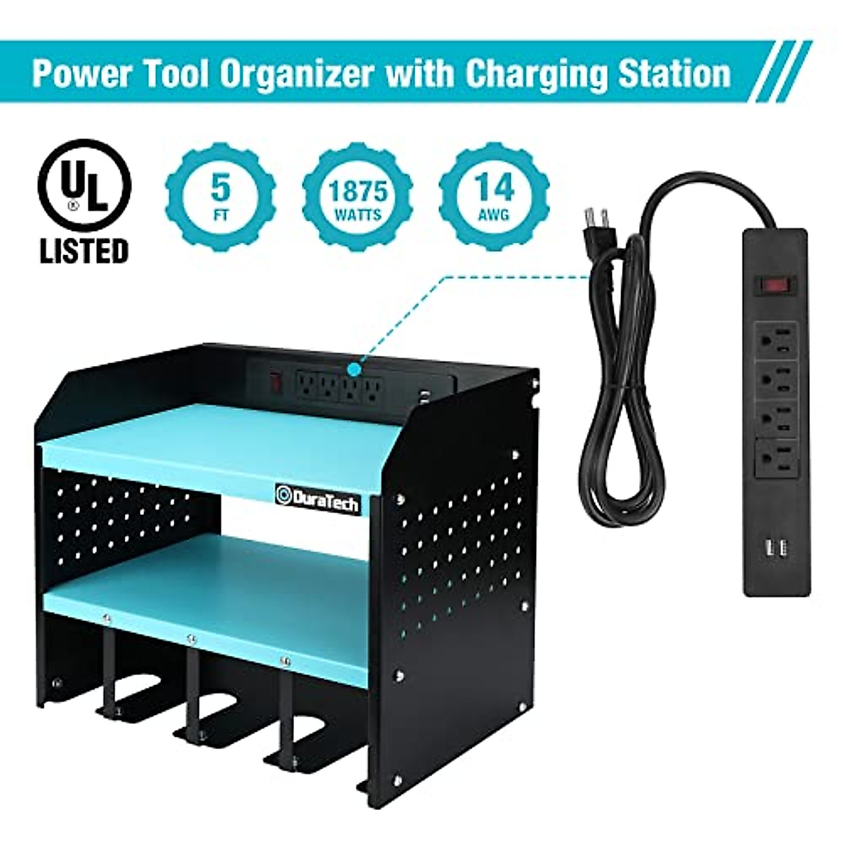 DURATECH Power Tool Organizer Wall Mount with Power Strip, Durable Power Tool Holder, Power Tool Storage Rack with 4 Drill Holders for Workshop, Garage