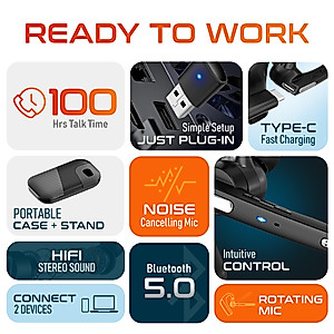 Ultralight Bluetooth Headset with Noise Cancelling Microphone, Business Wireless Headphones with Mic, Auto-Pair USB Dongle for PC/Laptop, Handsfree, Mute & Volume Buttons, for Meet|Skype|Zoom|Teams