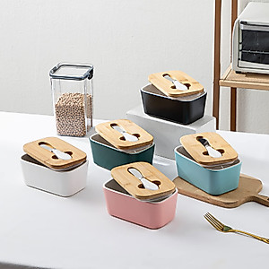 Porcelain Butter Dish with Knife & Wooden Lid, Henten Home Airtight Butter Keeper for Countertop, Large Butter Holder for East West Coast Butter(Matte Black)