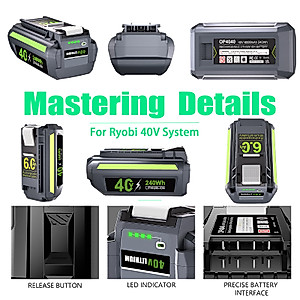 TenHutt 【Upgrade】 6.0Ah 40V Battery Replacement for Ryobi 40V Battery OP4060 for Ryobi 40Volt Cordless Tool Li-ion Battery OP4015 OP4026 OP40201 OP40261 OP4030 OP40301 OP4040 OP40401 OP4050 OP40601