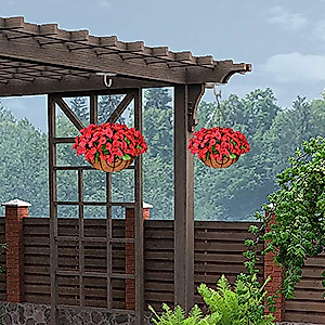 Homsunny Artificial Hanging Flowers in Basket, Silk Flower with 12 inch Flowerpot Centerpieces,Fake Hanging Plants in Coconut Lining Hanging Baskets for Outdoors Indoors Courtyard Decor (Rose red)