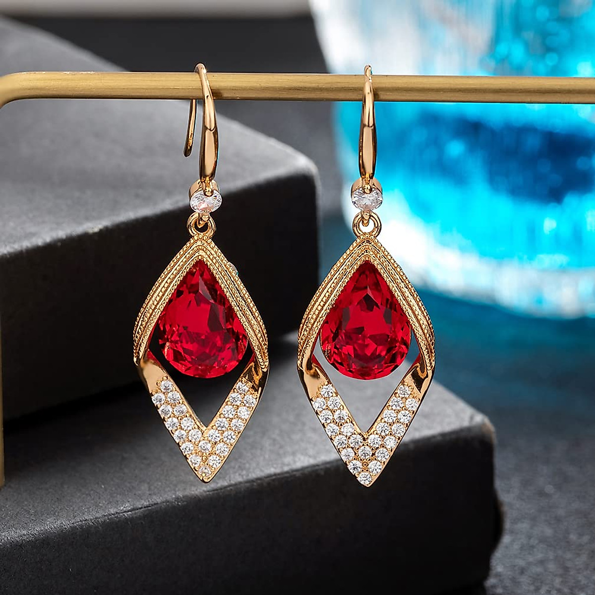 Austrian Crystal Teardrop Hollow Leaf Drop Dangle Earrings for Women 14K Rose Gold Plated Hypoallergenic Jewelry (Red)