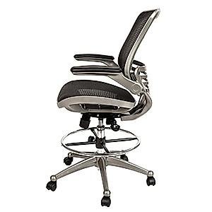 EMMA + OLIVER Black Mid-Back Mesh Drafting Chair with Graphite Frame and Flip-Up Arms