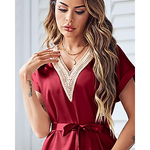 Ekouaer Sleepwear Women's Satin Nightgown Lace V Neck Nightdress Short Sleeve Silk Pajama Sexy Nightwear Wine Red Medium