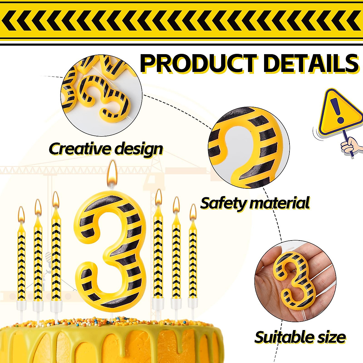 13 Pcs Construction Themed Birthday Candles Set 12 Yellow and Black Number 3 Candle Cake Topper for Construction Party Decoration Supplies (Number 3)