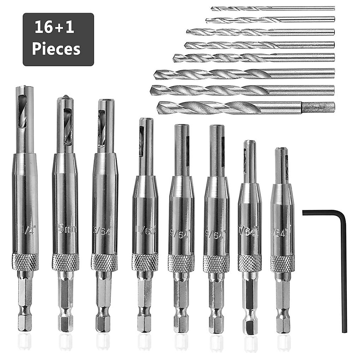 Yakamoz 17Pcs 1/4-Inch Hex Shank Self Centering Drill Bit Set Hinge Tapper Core Center Drill Bits for Door Window Cabinet Hole Opening Woodworking Tool, 5/64'' 7/64'' 9/64'' 11/64'' 13/64'' 5mm 1/4''