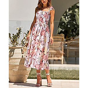 PRETTYGARDEN Women Summer Dresses 2023 Tie Strap Square Neck Smocked Ruffle Flowy Floral Print Boho Maxi Cocktail Dress(Floral Pink,X-Large)