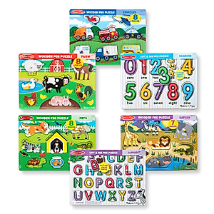 Melissa & Doug Wooden Peg Puzzle 6 Pack Numbers, Letters, Animals, Vehicles