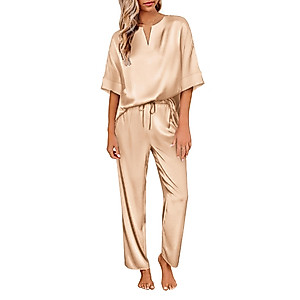 Ekouaer Satin Pajama Set Womens Silk Short Sleeve V Neck Shirt with Long Pant Soft Loungewear Pjs Set Khaki