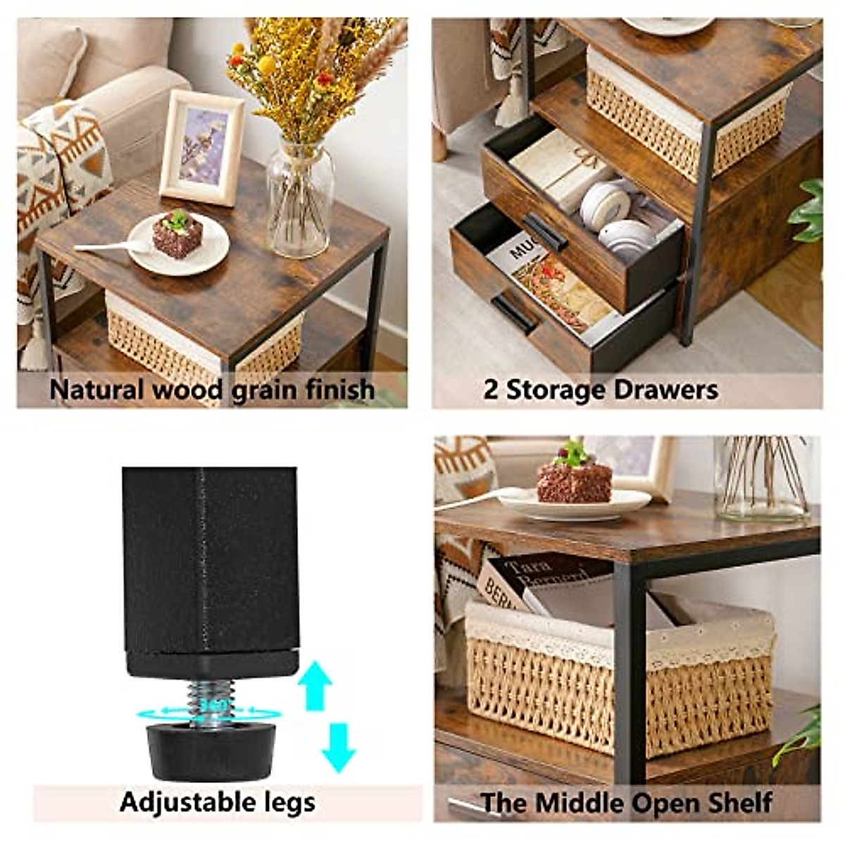 usikey Nightstand Set of 2, Industrial End Table with 2 Drawers & Open Shlef, Side Table with Sturdy Black Metal Frame, Modern Beside Table for Bedroom, Living Room, Home, Small Space, Rustic Brown