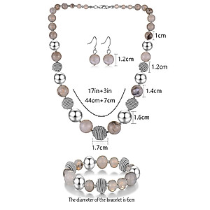 PEARL&CLUB Beaded Chunky Statement Necklace Earring and Bracelet Set Silver Metal Bead Fashion Jewelry Set Mothers’ Day Gifts for Women (Grey)