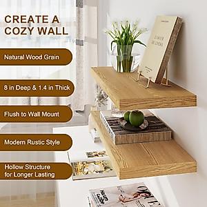 Fun Memories 8" Deep Oak Floating Shelves, Rustic Wood Deep Wall Shelves for Wall Decor & Storage, 24 x 8 Floating Shelf for Living Room, Bathroom, Bedroom, Set of 2