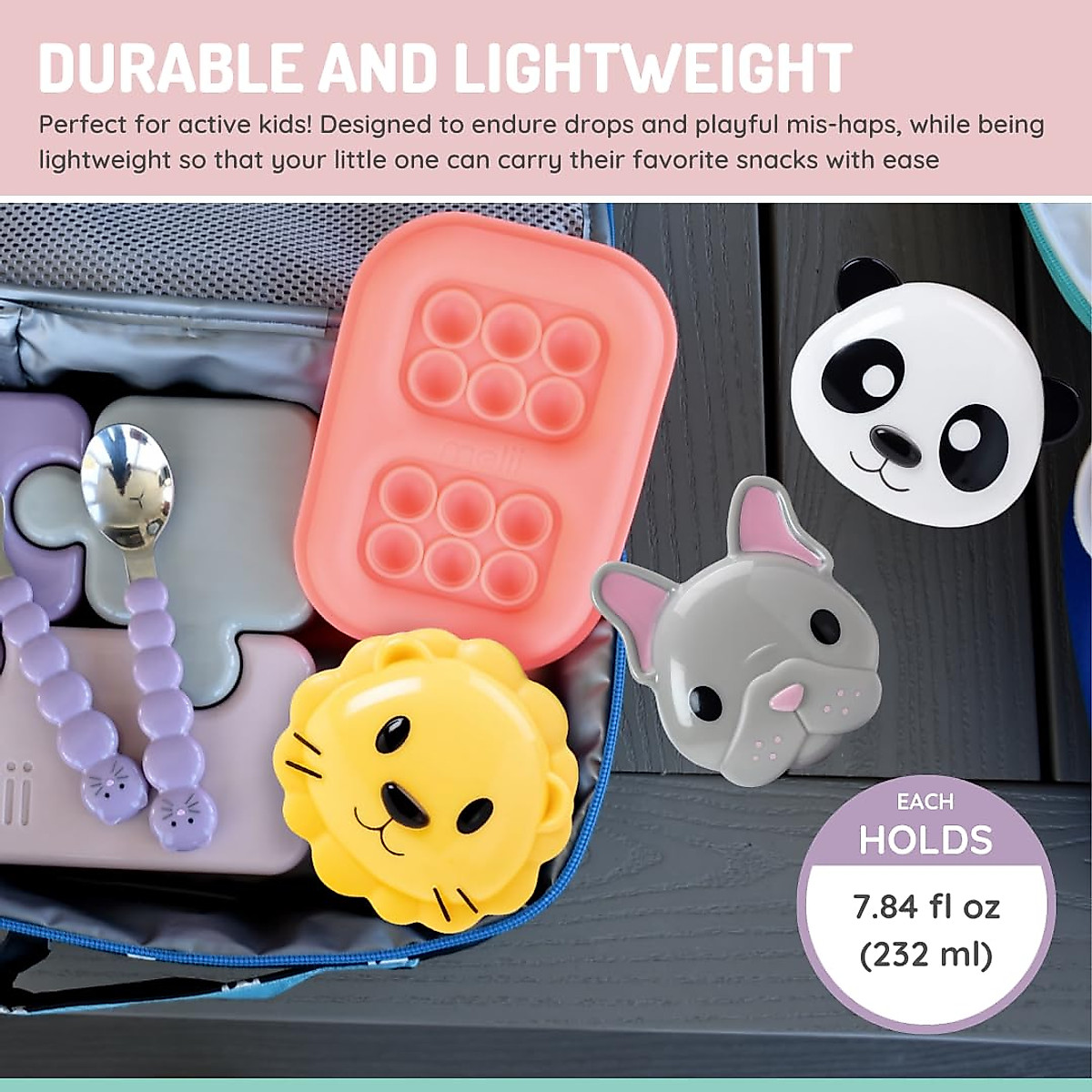 melii Animal Snack Containers with lids - Food Storage for Toddlers and Kids - Bulldog, Lion & Panda (Pack of 3)