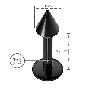 Evonix 2pc 16g Labret Studs Lip Ring Monroe Tragus Snake Spider Bites Forward Helix Cartilage Dahlia Conch Surgical Steel 3mm Spike Black - 6mm