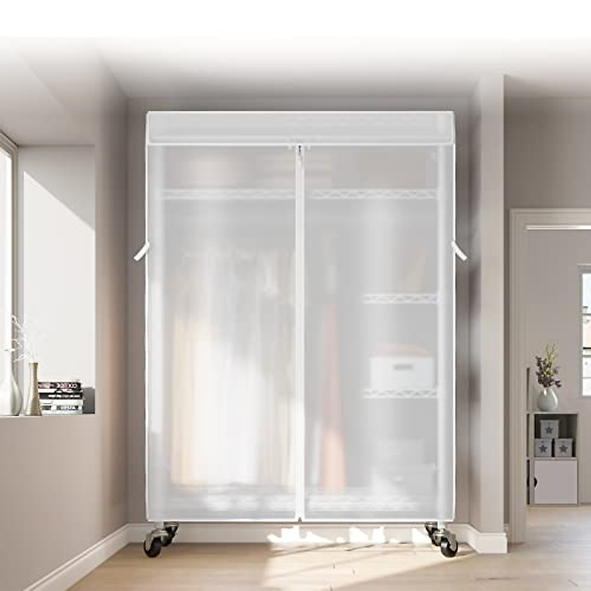 VIPEK V11C Garment Rack Rolling Clothes Rack Heavy Duty Portable Closets with Lockable Wheels Adjustable Metal Wire Shelves Wardrobe White Clothing Rack with Frosted Translucent Cover, Max Load 452LBS