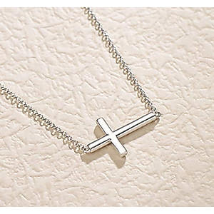 FANCIME White Gold Plated 925 Sterling Silver High Polished Horizontal Plain Sideways Cross Crucifix Pendant Necklace Fine Jewelry Gift For Women, 16" + 2" Extender