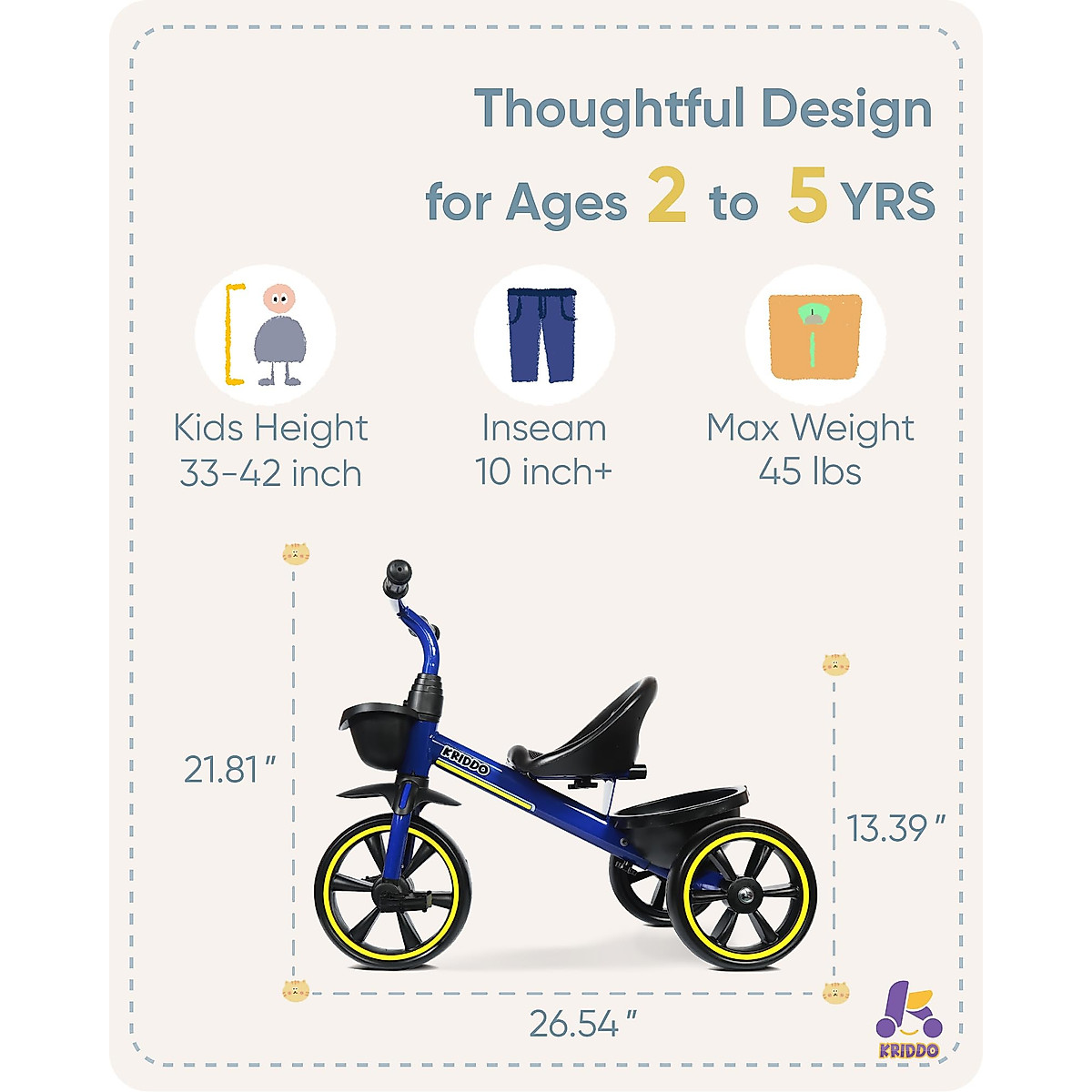 KRIDDO Kids Tricycles Age 24 Month to 4 Years, Toddler Kids Trike for 2.5 to 5 Year Old, Gift Toddler Tricycles for 2-4 Year Olds, Trikes for Toddlers, Blue