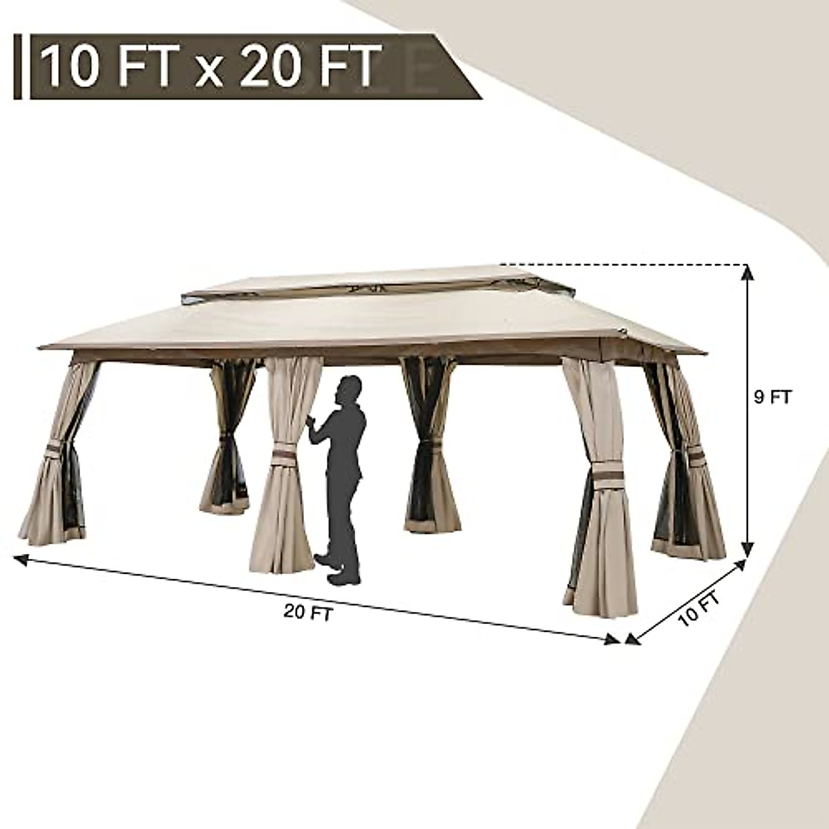 Joyside 10x20 ft Outdoor Gazebo, Double-Tier Roof Gazebo Tent with Curtains and Nettings, Patio Spacious Carport Gazebo with Metal Steel Frame Suitable for Lawn, Backyard Patio, Beige
