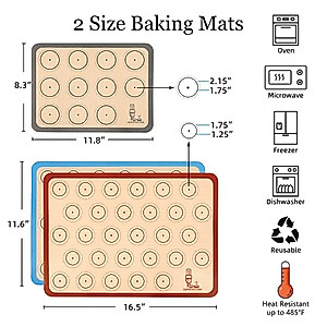 Silicone Baking Mat Macaron - Set of 3 (2 Half Sheet Liners and 1 Quarter Sheet), Non Stick Silicon Cookie Oven Liner For Macaroons, Bake Pans, Pizza, Toaster, Cake and Bread Making (Red,Blue,Gray)