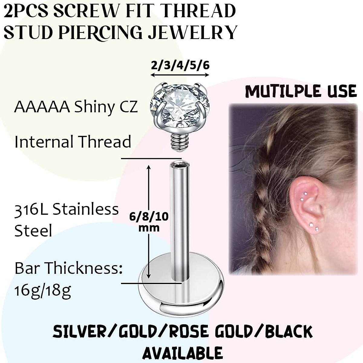 PunkTracker 16g/18g Surgical Steel Internal Thread CZ Stud Piercing Jewelry for Tragus/Nose/Helix/Conch/Medusa/Lip/Labret - Helix Tragus Cartilage Earring for Women Men 2PCS