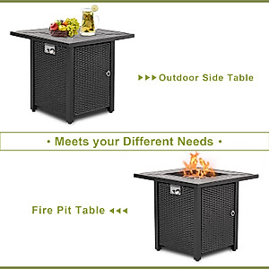 COSIEST Outdoor Metal Fire Table, 28-inch Square Black Brown Fire Pit Outdoor Companion, Auto-Ignition Fire Bowl w Imitation Wicker Base, Internal Propane Tank, Free Brown Lava Rocks