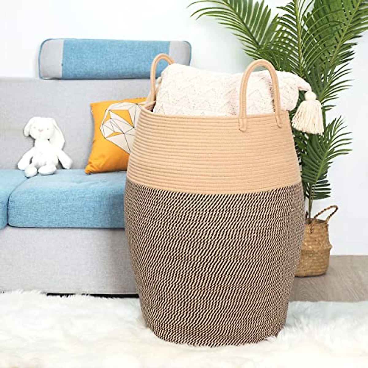 MINTWOOD Design Extra Large 25.6 Inches High Decorative Woven Cotton Rope Basket, Tall Laundry Hamper with Handles, Blanket Basket Living Room, Storage Baskets for Toys, Throws, Pillow, Black Jute Mix