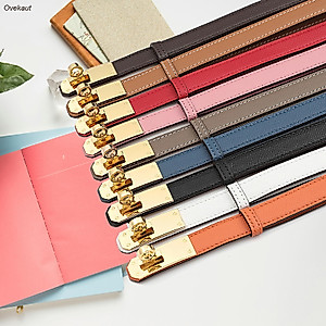 Ovekaut Women Skinny Leather Belt,Solid Color Alloy Turn Lock Adjustable Belt,Ideal for Dresses Jeans Coats Belt (Black+caramel)