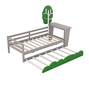 Lifeand Twin Size Wooden Daybed with Desk, Green Tree Shape Shelves and Trundle, Gray