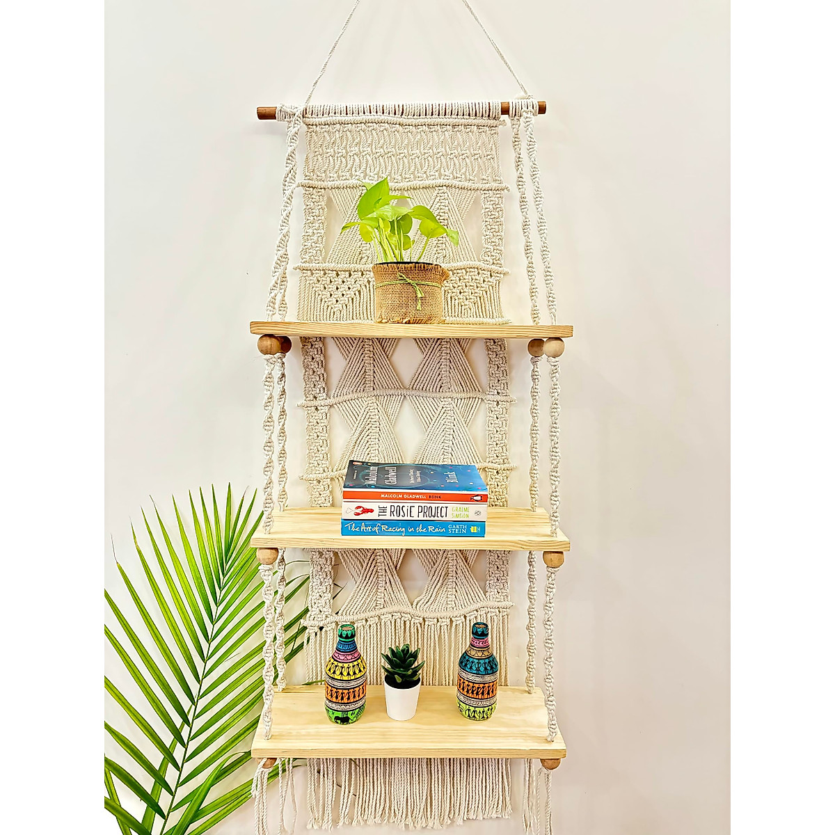 Macrame Wall Hanging Shelf Set, 3 Tier Macrame Wall Hanging Shelf for Wall Decor with Handmade Woven Rope Hanger for Kitchen, Bathroom, Home Storage