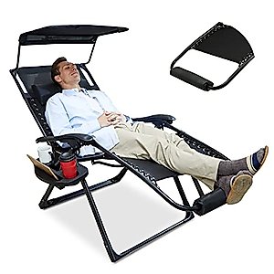 Ezcheer Oversized Zero Gravity Chair with Canopy, Support 400 lbs 31.5 inches Wide Patio Lounge Chair with Foot Rest Cushion, Folding Beach Camping Recliner Chair with Cup Holder (Black)