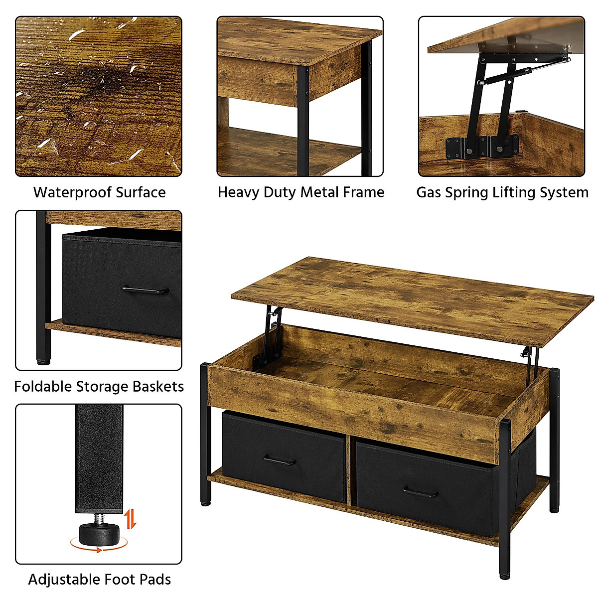 Yaheetech Living Room 3-Piece Coffee Table Sets for Home and Office, Lift Top Coffee Table with Baskets & Hidden Compartment, 2PCS Rustic Industrial End Tables with 2-Tier Shelves, Rustic Brown