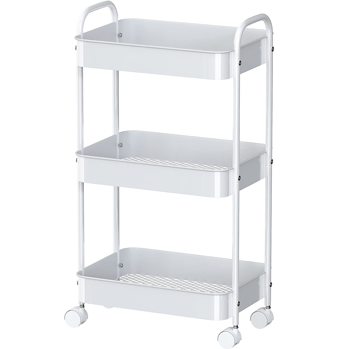3 Tier Metal Rolling Utility Cart with Caster Wheels, Rolling Storage Cart Organizer Craft Cart with Handle Kitchen Cart for Bathroom Shelves Laundry Office Balcony Living Room Organization White