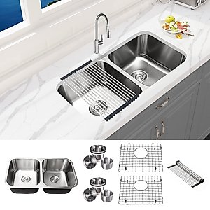 KABCO 32 Inch Big Double Equal Bowl Stainless Steel Classic Kitchen Sink, Rust Sound and Heatproof Undermount Sink with Sink Strainers, Removable Baskets, Sink Grids, and a Rolling Up Grid