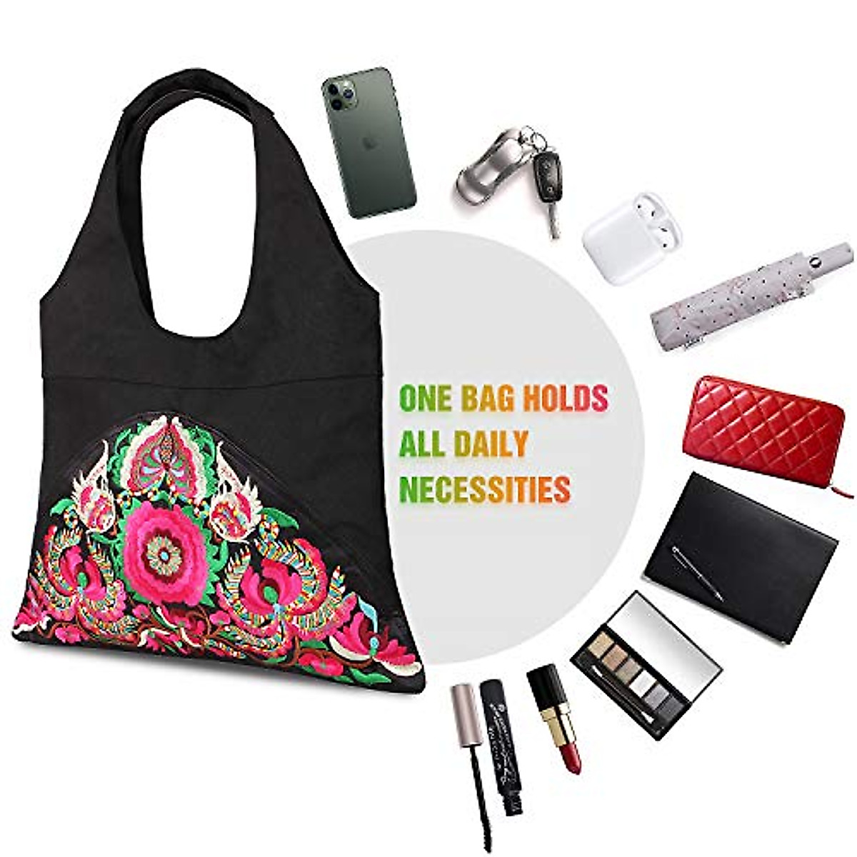 Embroidered Canvas Shoulder Bag Vintage Boho Ethnic Handbag Totes Travel Beach Bag (Black 2)