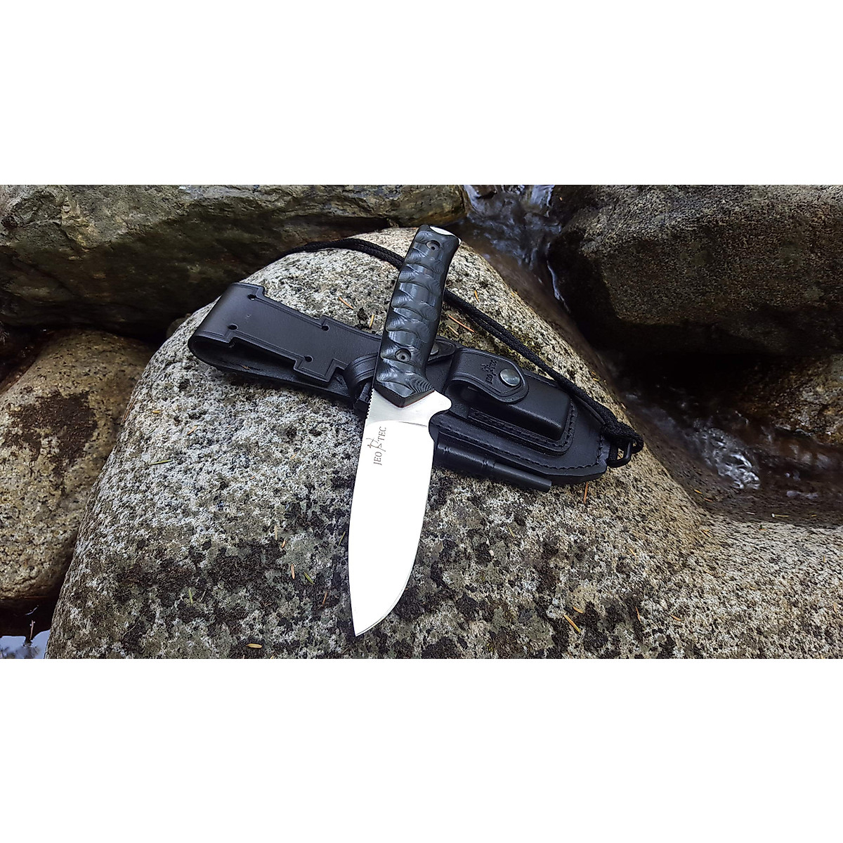 JEO-TEC Nº21 Bushcraft Survival Hunting Tactical Knife - BOHLER N690C Stainless Steel, Multi-positioned Leather Sheath, Sharpener Stone & Firesteel included - Handmade