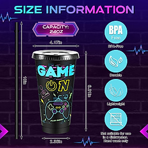 Uiifan 16 Pcs Video Game Party Plastic Cups with Lids and Straws 24 oz Iced Coffee Drinking Resuable Plastic Cups for Video Game Birthday Party Favor(Black)