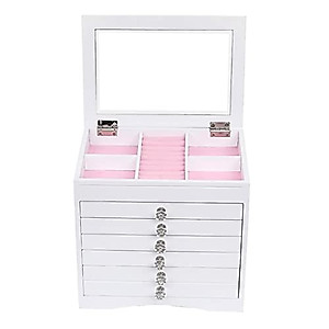 QUUL High Large Gloss Wooden Jewellery Box Armoire Bracelet Organizer Storage 5 Layers Glass White US Warehouse