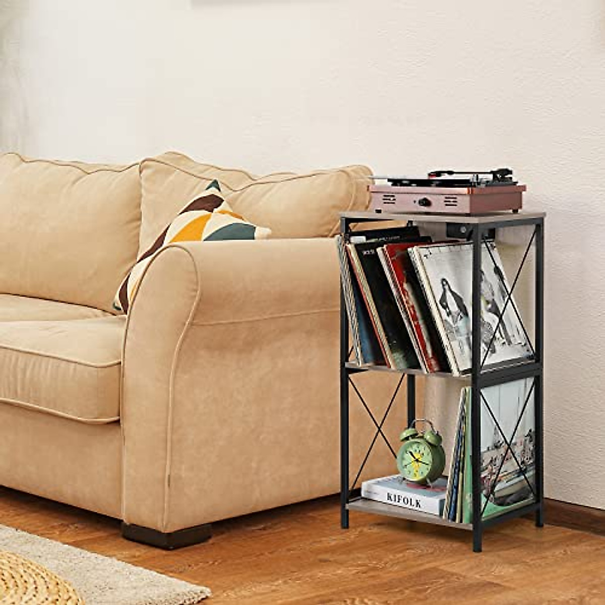 YBING Record Player Stand 3-Tier Turntable Stand with Record Storage End Table with Charging Station Vinyl Record Storage Stand with Divider Nightstand for Living Room Bedroom Office, Oak