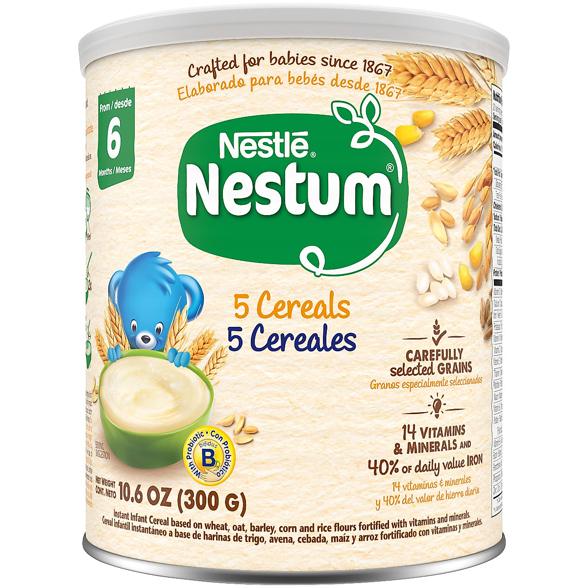 Nestle Nestum Infant Cereal, 5 Cereals, Made for Infants 6 Months Old, 10.6 Ounce Canister (Pack of 3)