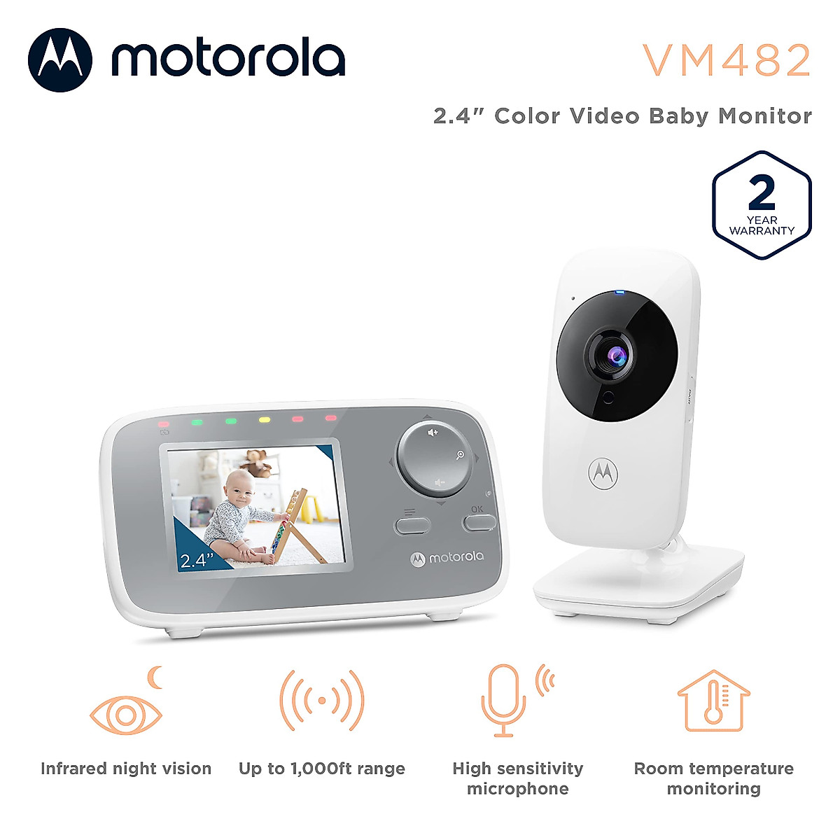 Motorola VM482 Indoor Video Baby Monitor W/Camera, 1000ft Range 2.4 GHz Wireless 2.4" Color Screen, 1-Way Audio, Manual Pan/Tilt, Digital Zoom, Sound Level Indication, Night Vision