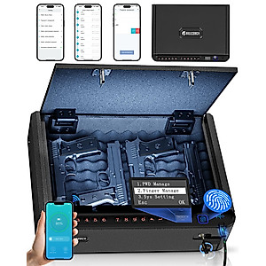 BILLCONCH Smart Gun Safe - Biometric Gun Safe for Pistols with Fingerprint/Full-digital Keypad/Key/Smartphone Lock, Quick-Access Pistol Safe for Beside Nightstand Handgun Safe with LCD/Voice Guide