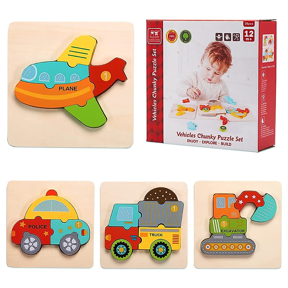 Phoohi Wooden Puzzles for Toddlers 1-3 Years 4pcs Vehicle Traffic Puzzles Early Learning Educational Montessori Preschool Wooden Toys for 2 Year Old Boys Gift