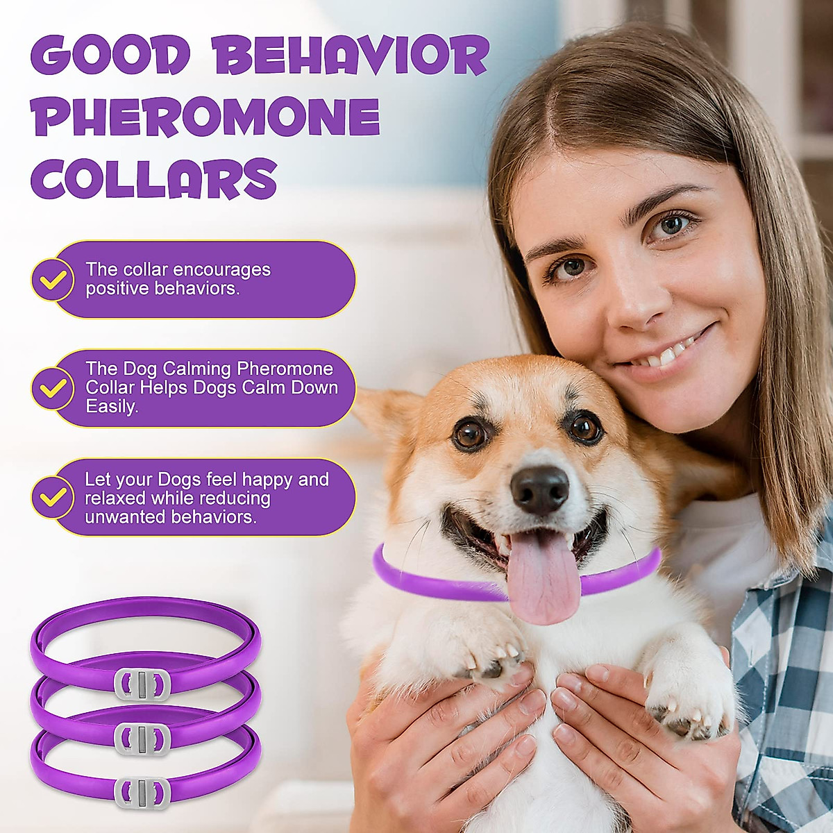 3 Pack Calming Collar for Dogs, Pheromone Collar for Dog Anxiety Relief, Adjustable Dogs Calm Collar Reduce Separation Anxiety Stress, Anti-Loose Dog Collar Fit Medium Large Puppy