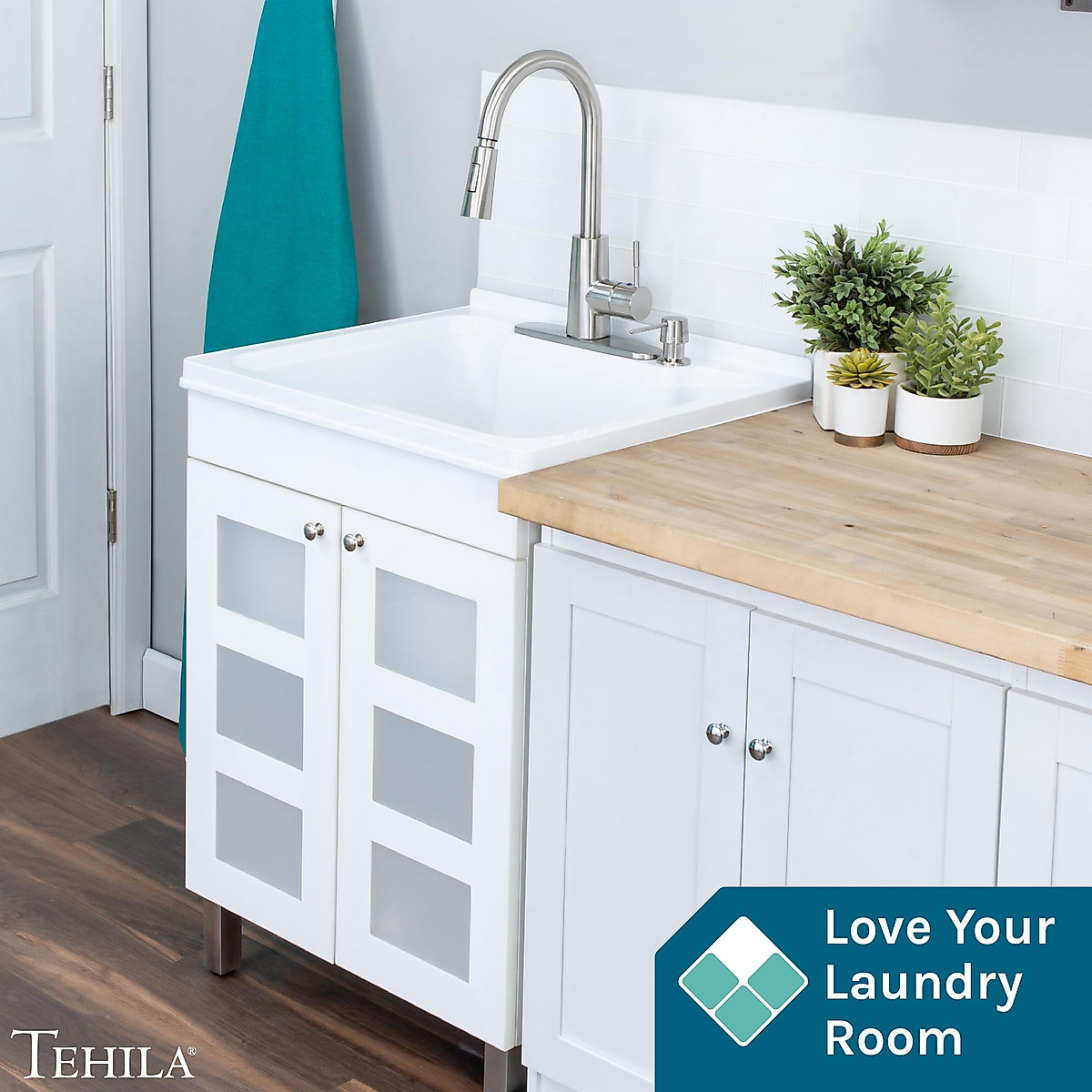 Utility Sink with White Vanity Cabinet by JS Jackson Supplies, Stainless High-Arc Pull-Down Sprayer Faucet, Soap Dispenser and Spacious Vanity for Laundry Room