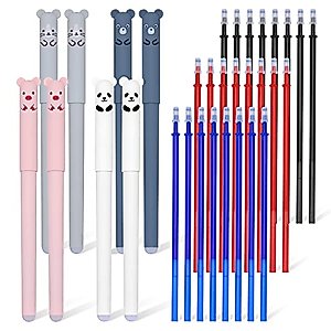 PAFUWEI 32pcs-8 Pens 24 Refills Black Blue Red Erasable Pens, Cartoon Panda Animal Pattern Erasable Ballpoint Pen Erasable Gel Pens Rub Out Pens for Kids Student