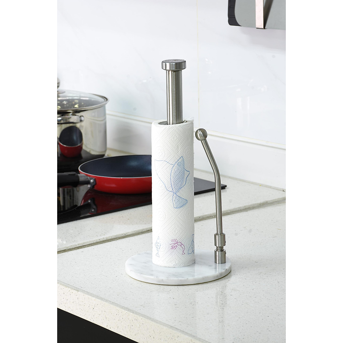 Skyway Goods - Stainless Steel Paper Towel Holder, Paper Towel Stand with Weighted Anti-Slip Base, Sleek Kitchen Countertop Paper Towel Holder, Space-Saving Paper Towel Holder, Light Marble Base